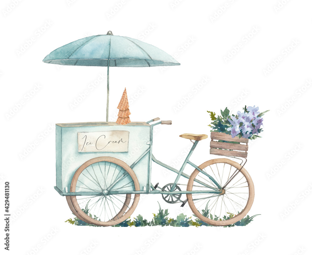 Ice cream bicycle illustration. Watercolor isolated artwork on white ...