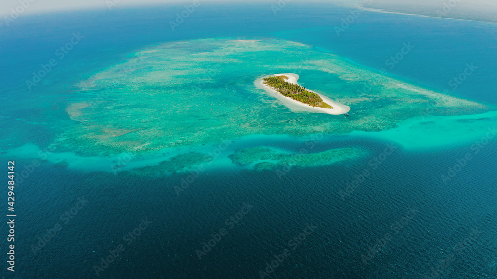 Small tropical island in the blue sea with a coral reef and the beach ...