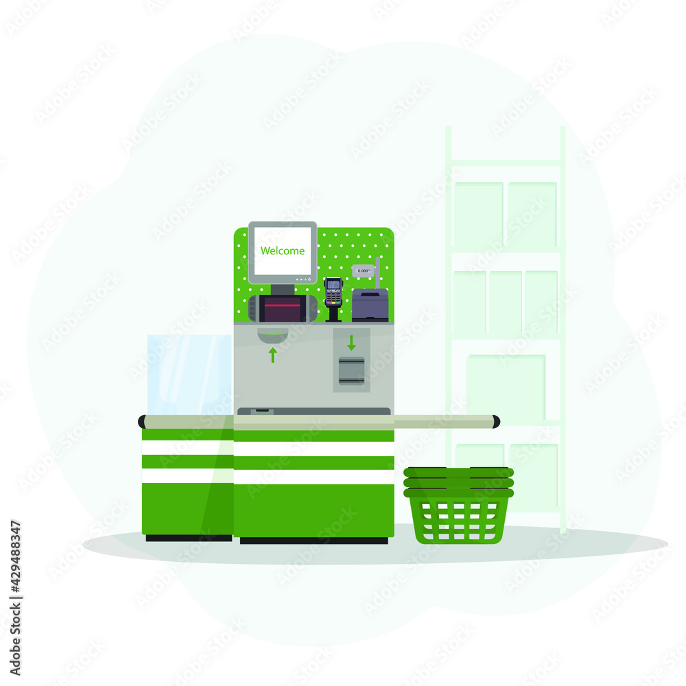 Vector illustration in flat style. self-service checkout. self checkout ...