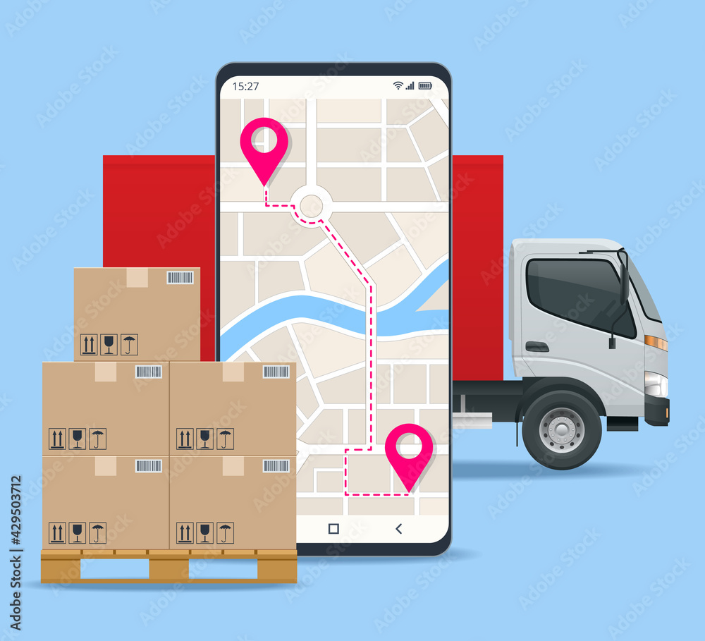 Delivery truck with cardboard box, mobile phone. Delivery service via ...