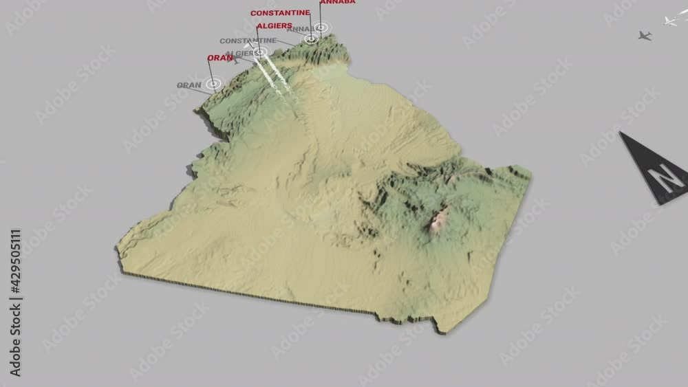 Seamless looping animation of the 3d terrain map of Algeria with the ...