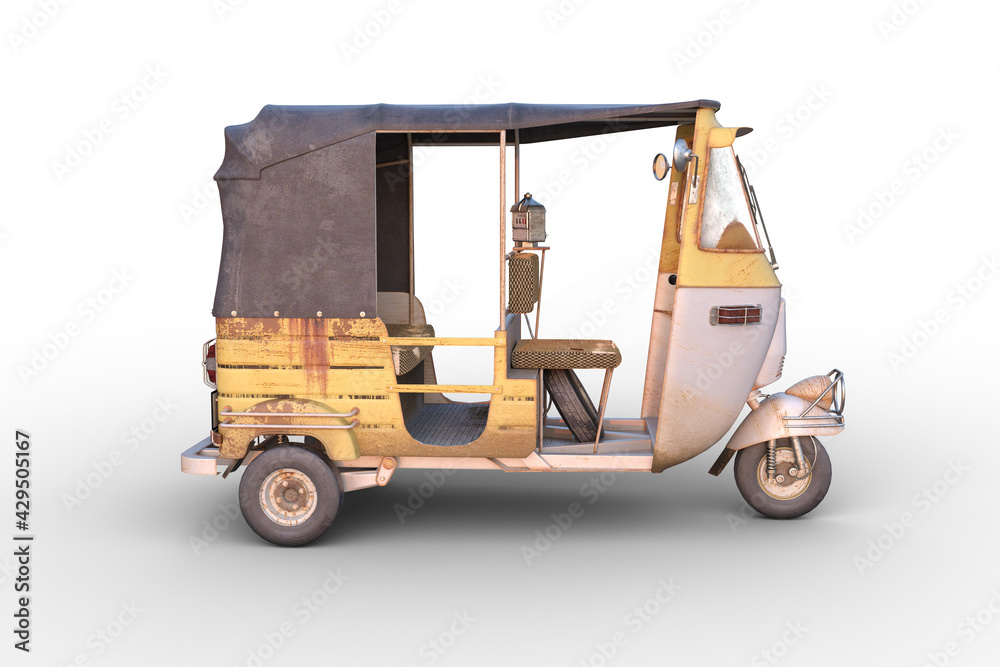 Side view 3D rendering of an Indian auto rickshaw isolated on white ...