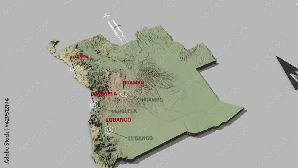 Seamless looping animation of the 3d terrain map of Angola with the ...