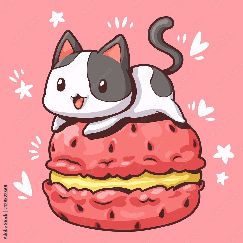 Macaron and cute cat, Black and white cat with red strawberry macaron ...
