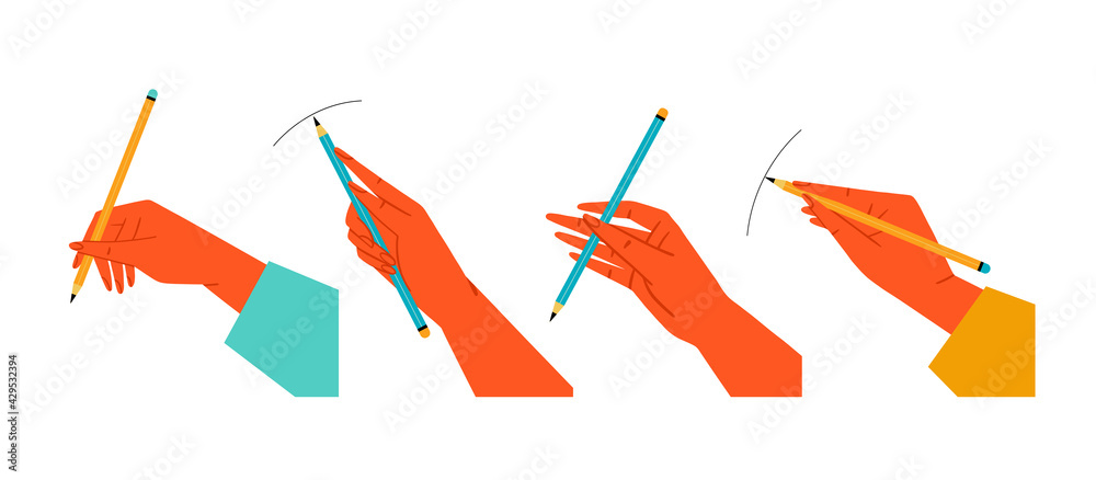 Set of hands holding pencil in various positions isolated on white ...