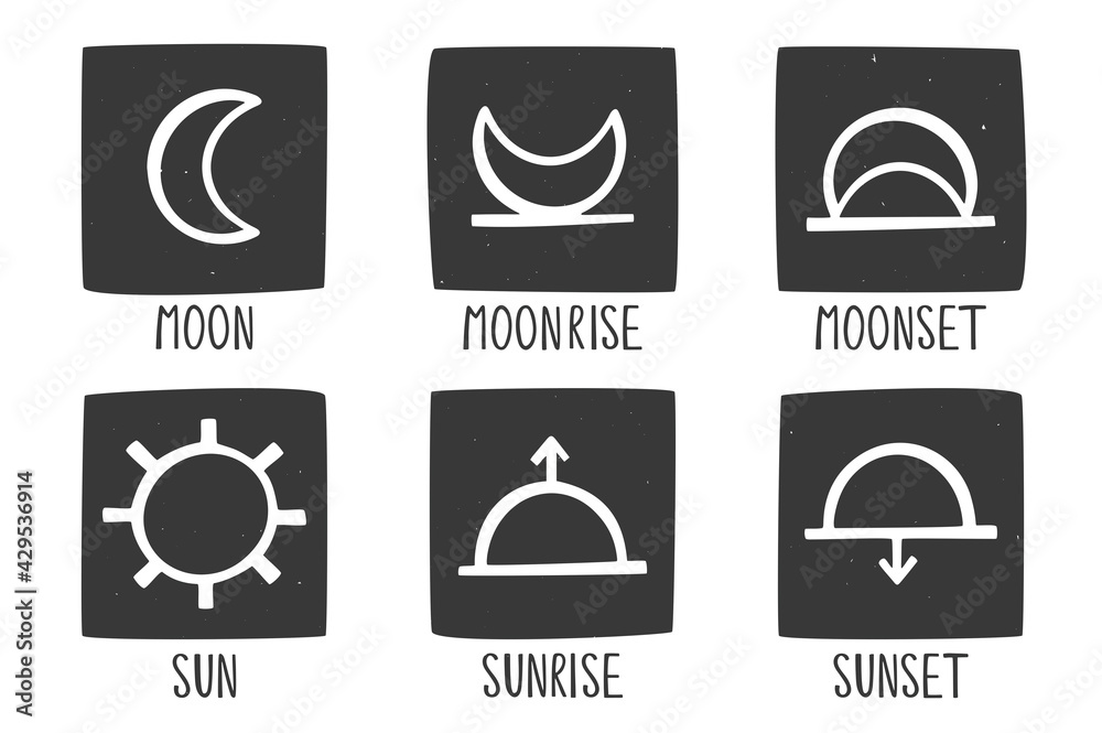 Set of moon and sun symbols. Minimalistic caption icons of the moon ...