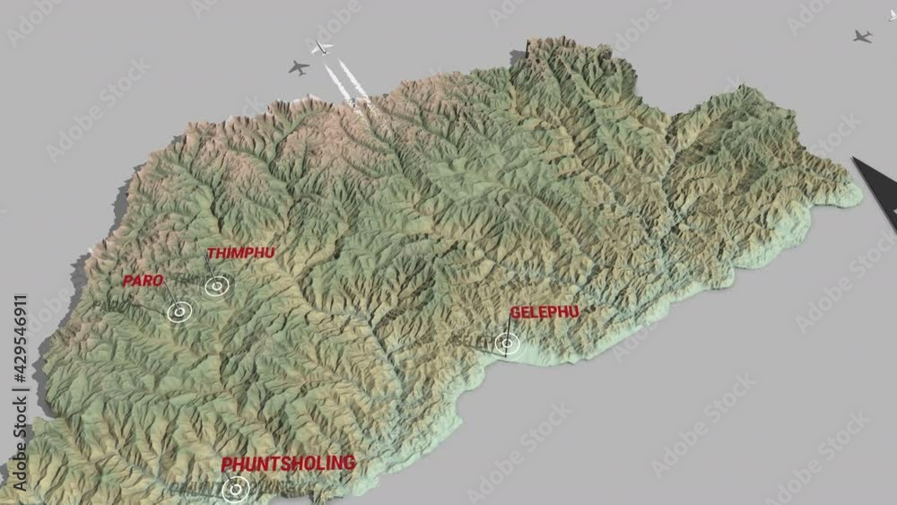 Seamless looping animation of the 3d terrain map of Bhutan with the ...
