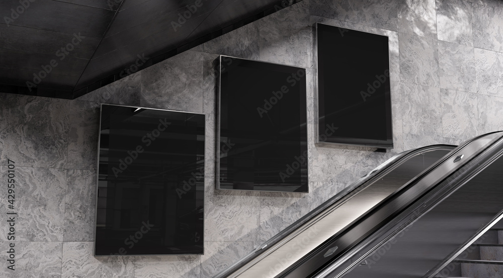 Three vertical billboards on underground wall Mockup. Hoardings ...