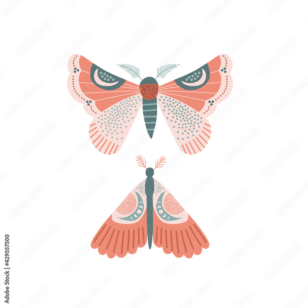 Whimsical moon moth vector illustration isolated on white. Magical luna ...