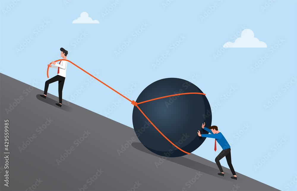 Two businessmen pushing a big stone uphill vector illustration ...