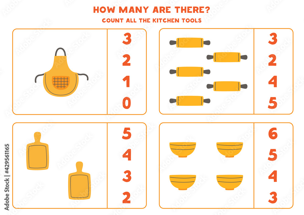 Counting game with kitchen utensils. Math worksheet. Stock Vector ...