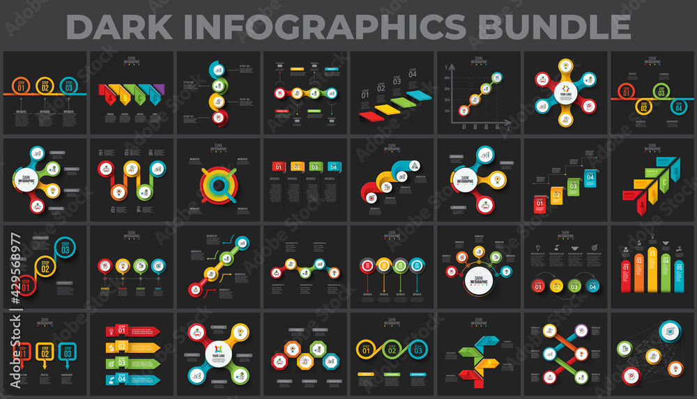 Dark infographics set. Bundle templates for data visualization with 3 ...
