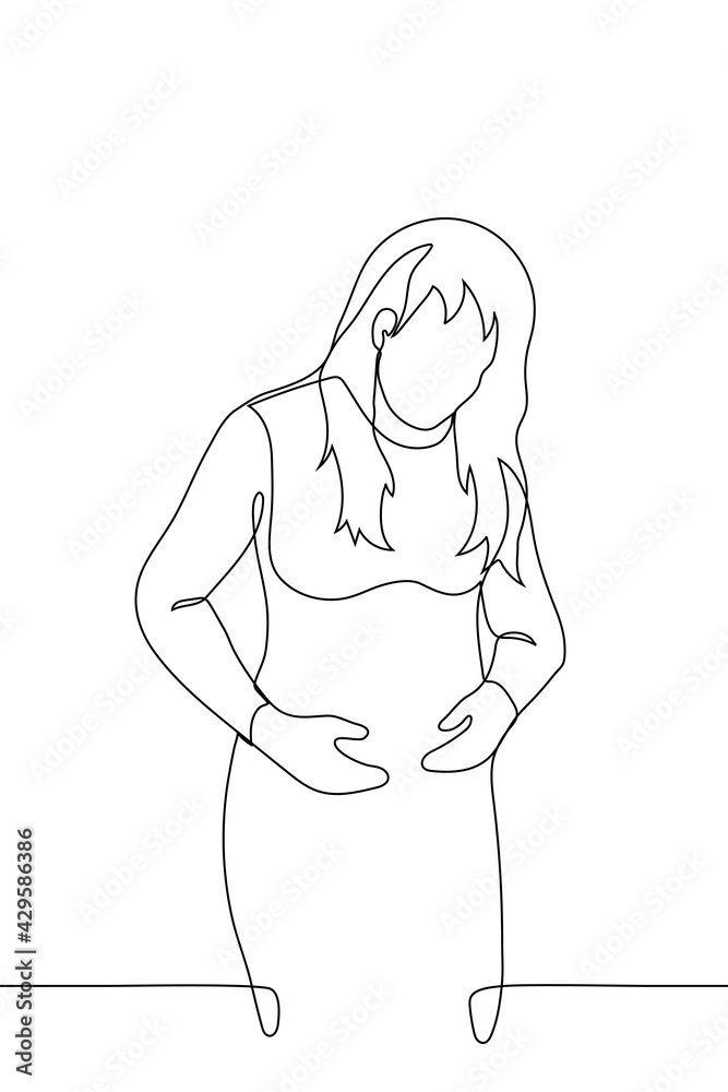 woman with long hair touches her belly with both hands - one line ...