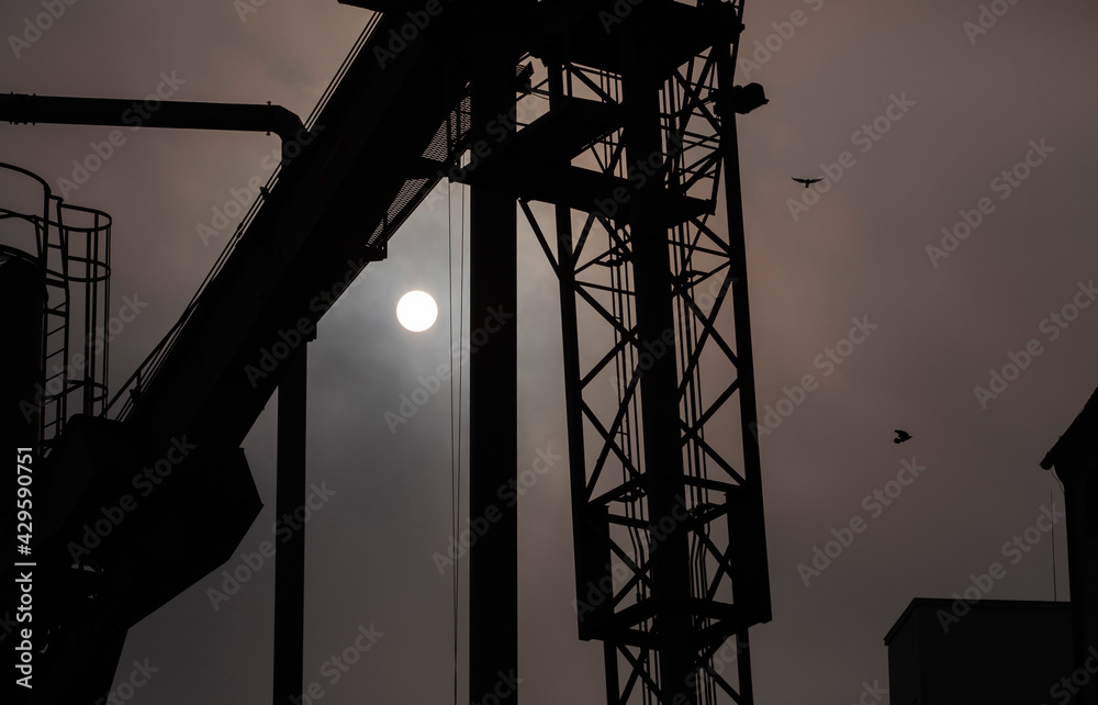 contraluz, sol y estructura de metal con aves volando Stock Photo ...