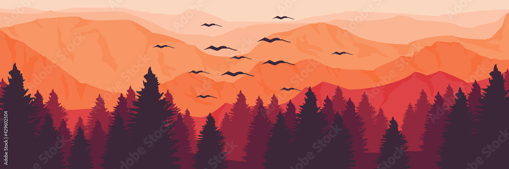 vector flat design of sunset over mountain good for background ...