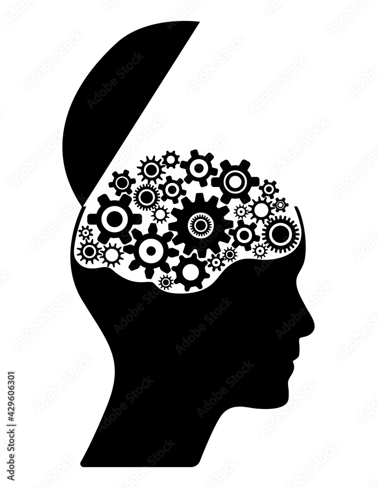 Open minded person with brain and gearwheels vector illustration ...
