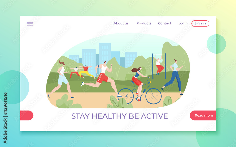 Stay healthy and be active landing web banner, modern city citizen ...