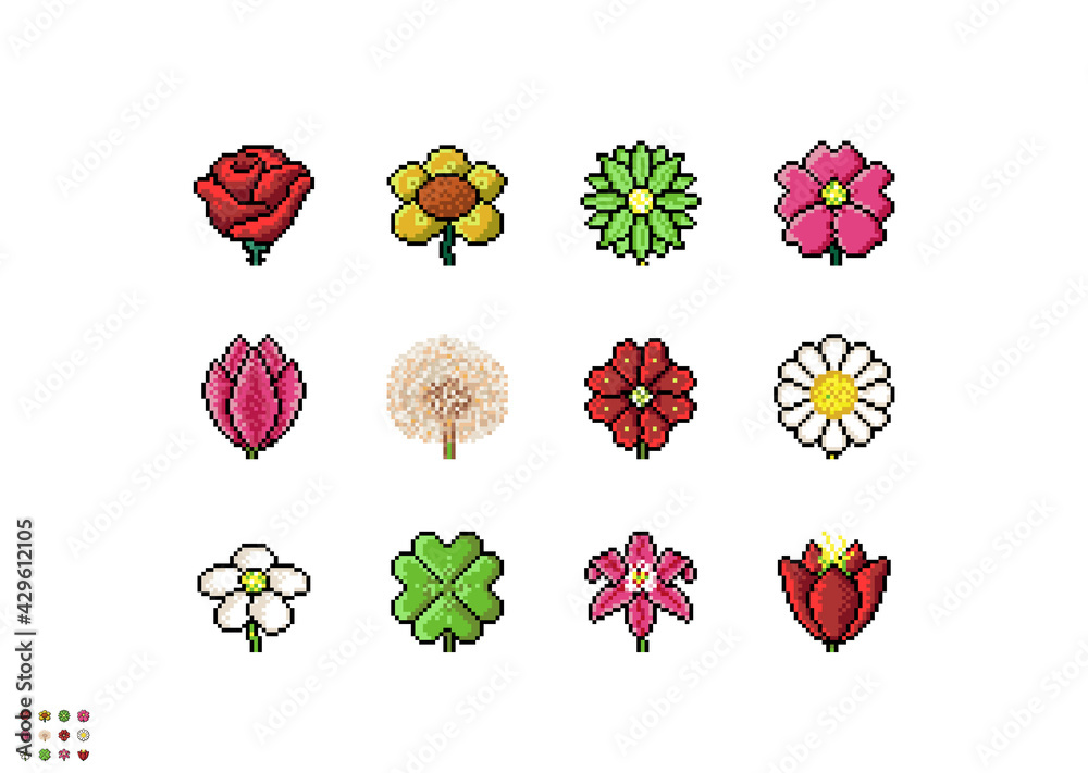 Pixel art flowers icons. Flowers of a rose, tulip, clover, chamomile ...