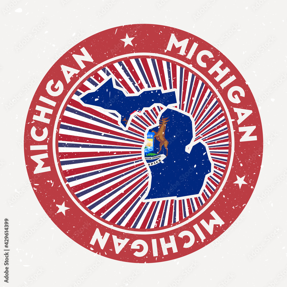 Michigan round stamp. Logo of us state with state flag. Vintage badge ...