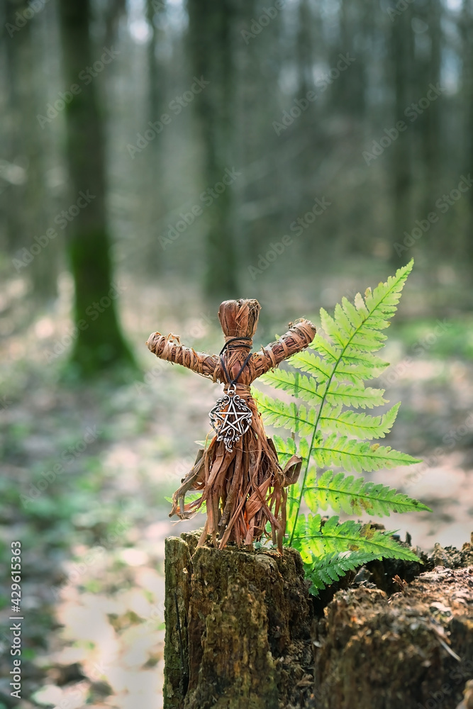 magic witchcraft doll of tree bast, natural background. defender ...