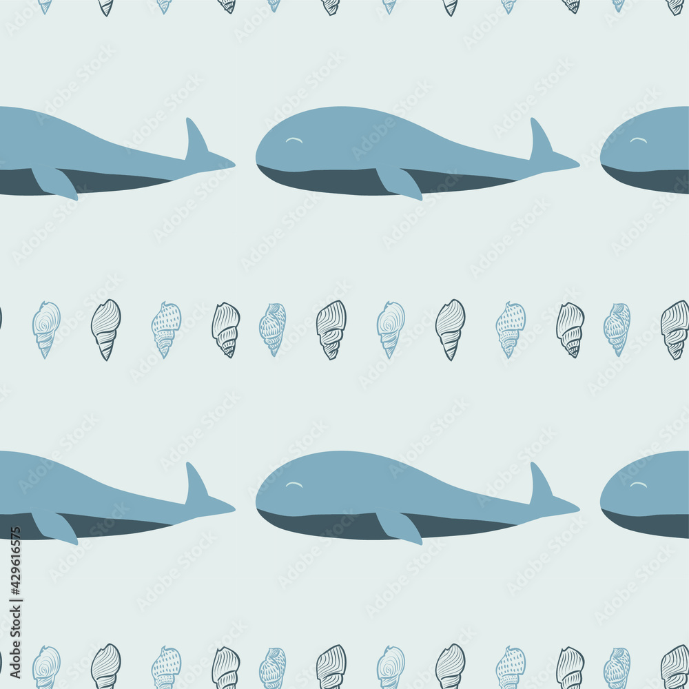 seamless pattern with whale. Shells. Marine theme. Print for fabric ...