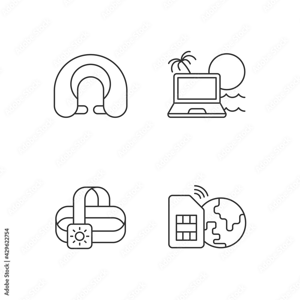 Nomadic lifestyle linear icons set. Trip gear. Neck pillow. Laptop for ...