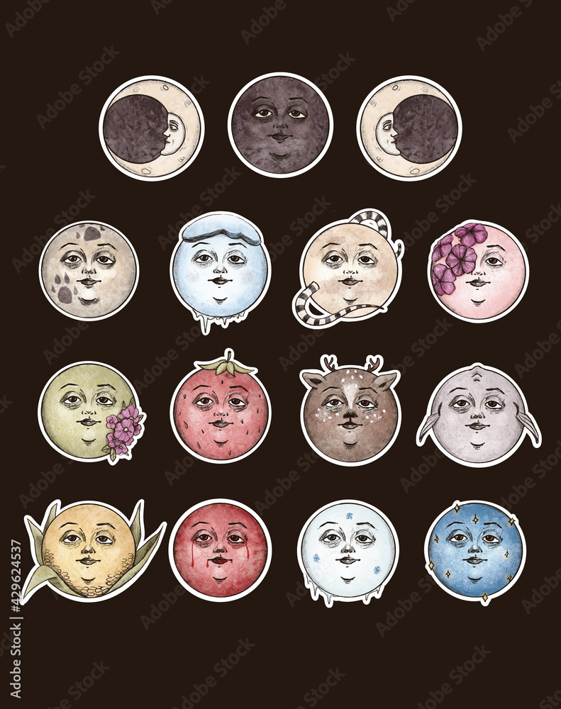 set of 12 full moons and moon phases with faces, personification of ...