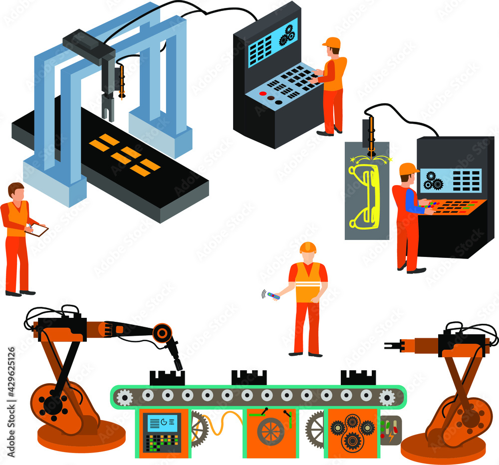 Robotic production line. Manufacturing and machine, automation and ...