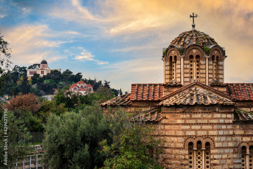 Athens, Greece. Old Byzantine church located at the archaeological site ...