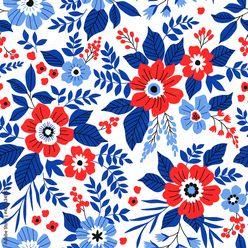 Beautiful floral pattern in small abstract flowers. Small red and blue ...