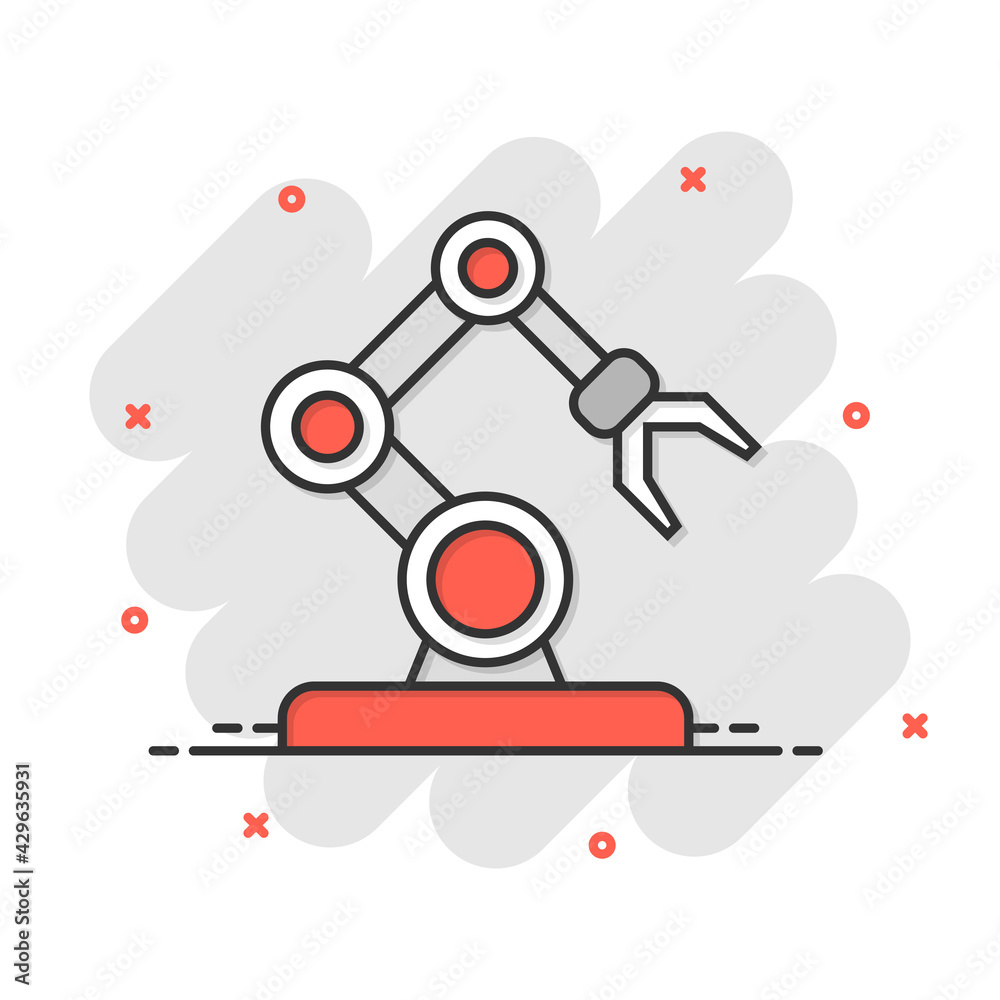Robot arm icon in comic style. Mechanic manipulator cartoon vector ...
