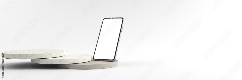 3D rendering of The Smartphone white screen on Round marble Pedestal ...