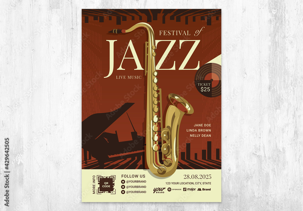 Jazz Concert Flyer Poster Card with Saxophone Stock Template | Adobe Stock