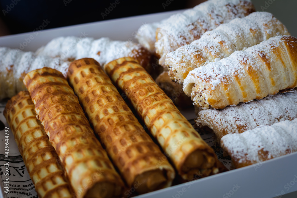 Waffle rolls. Homemade waffles with condensed milk and layered waffle ...