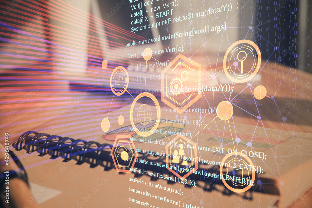 Multi exposure of data theme drawings and desk with open notebook ...
