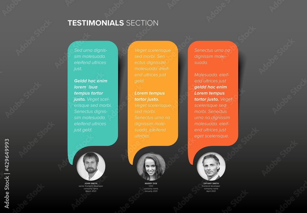 Dark Color Testimonials Speech Bubbles Review Section Layout Template ...