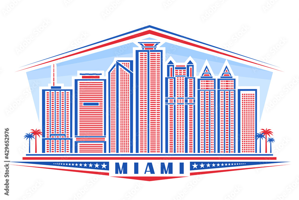 Vector illustration of Miami, horizontal poster with outline design ...