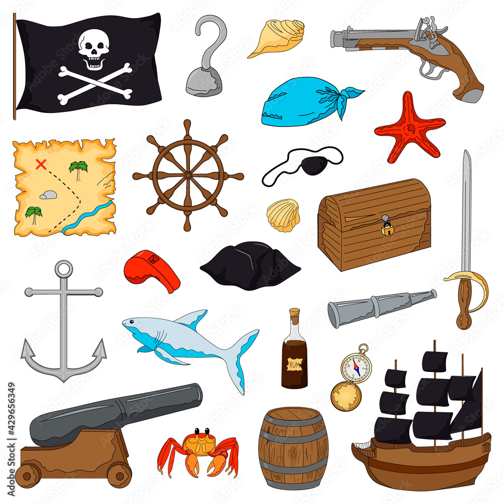 Set of pirate objects. Hand drawing in cartoon style. Vector ...