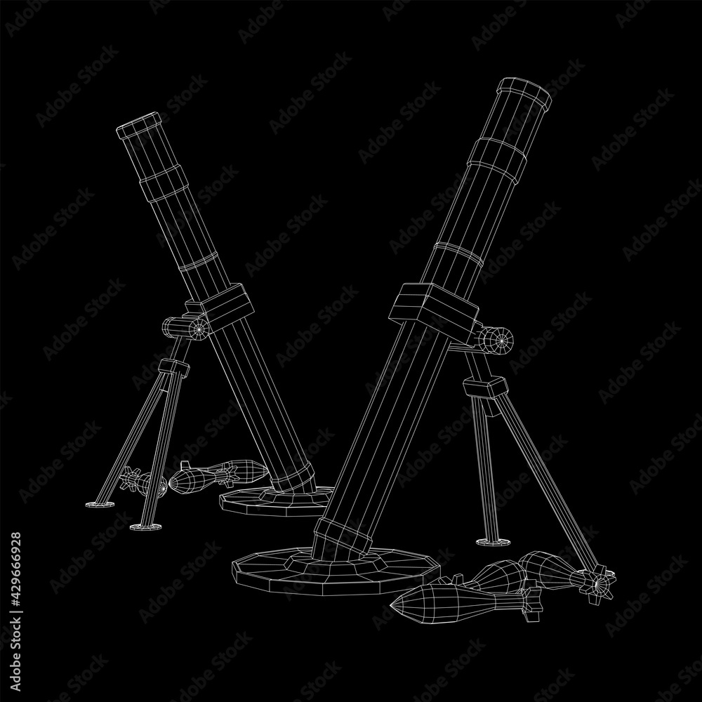 Firearm weapon army mortar and mine. Wireframe low poly mesh vector ...