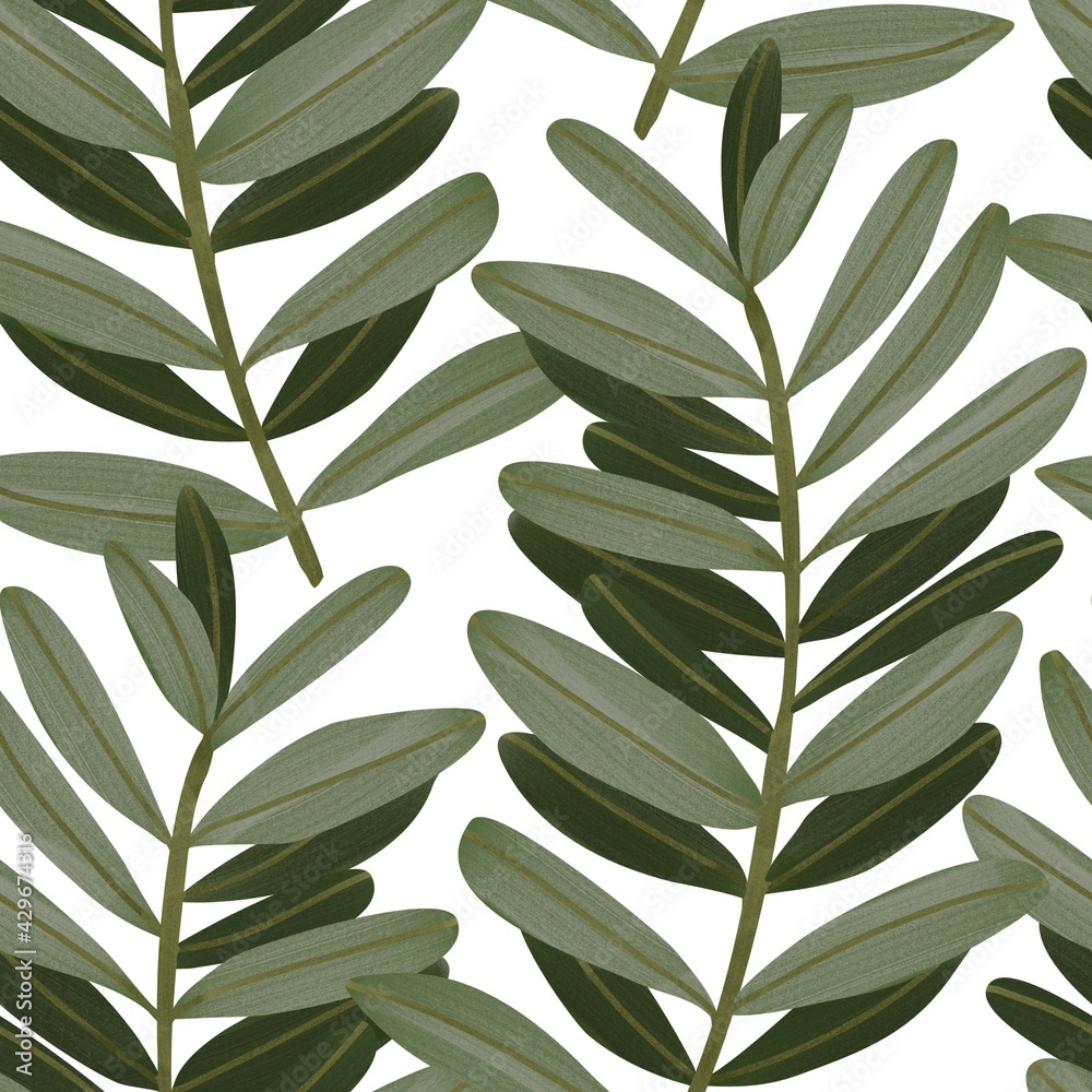 Seamless pattern of olive branches. Color image with pencil texture. A ...