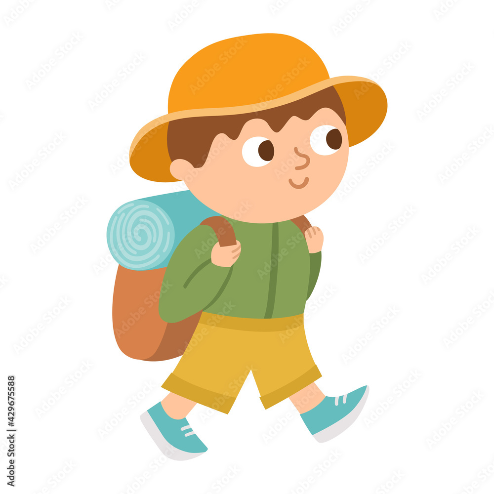 Vector cute boy with backpack. Hiking traveler isolated on white ...