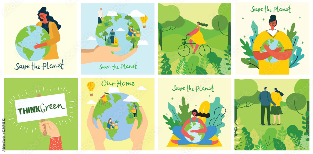 Set of eco save environment pictures. People taking care of planet ...