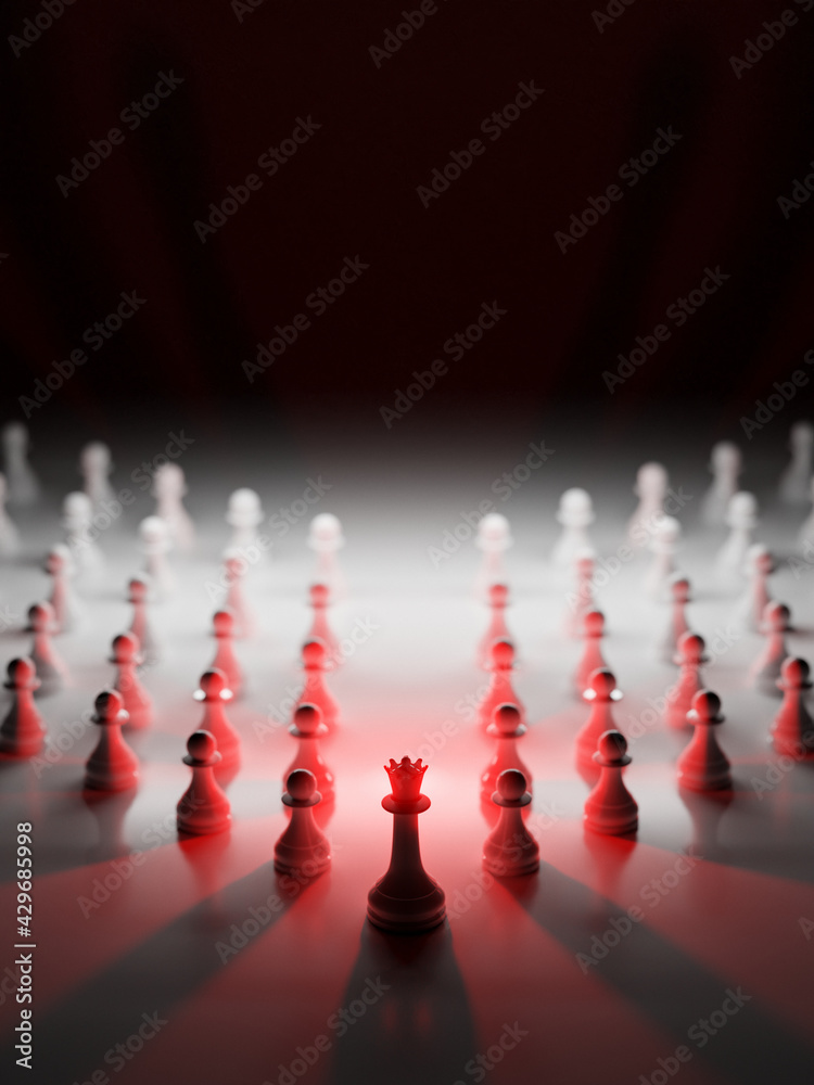 White chess queen flanked by an army of white pawns. Power symbol ...