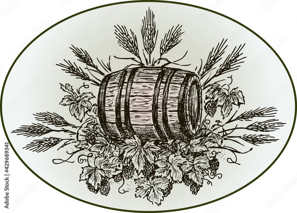 Vector drawing of beer barrel on hops branches and ears of cereals ...