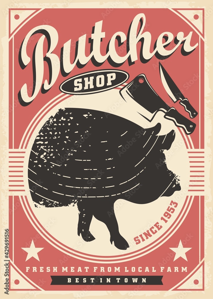 Butcher shop retro poster. Pig silhouette butcher advertisement ...