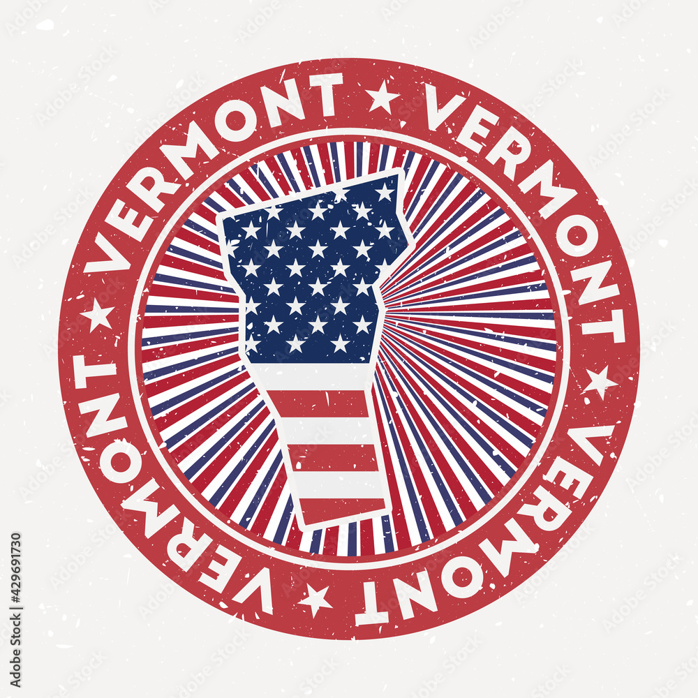 Vermont round stamp. Logo of us state with flag. Vintage badge with ...