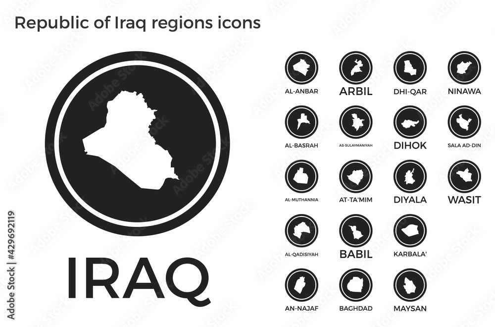 Republic of Iraq regions icons. Black round logos with country regions ...