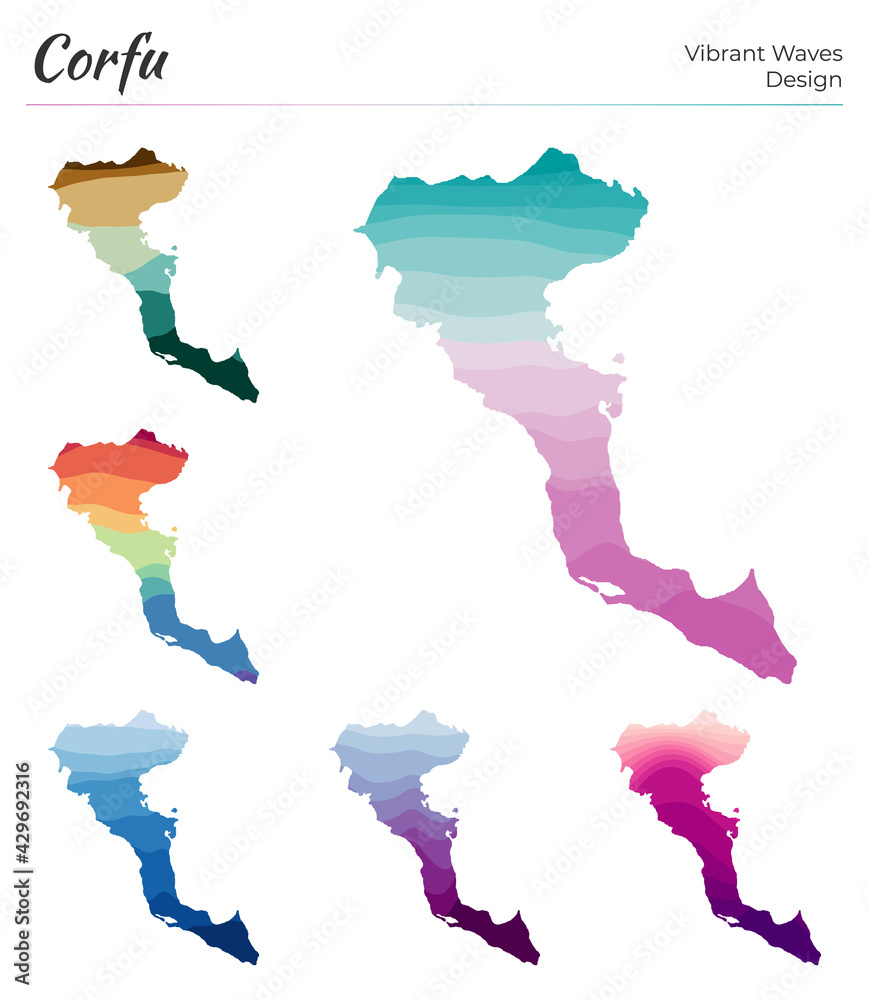 Set of vector maps of Corfu. Vibrant waves design. Bright map of island ...
