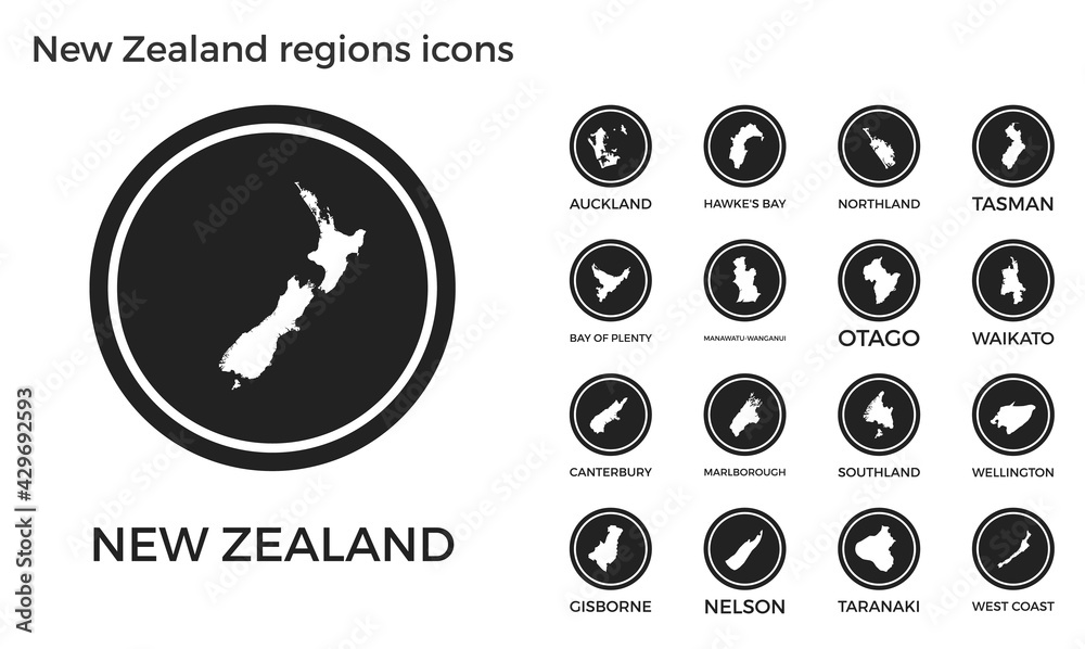 New Zealand regions icons. Black round logos with country regions maps ...