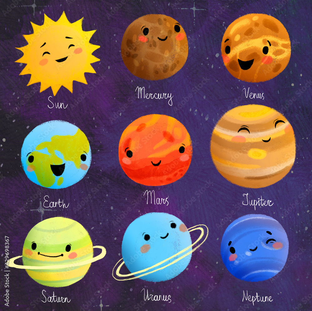 Cute cartoon Solar System poster on dark background. Colorful bright ...